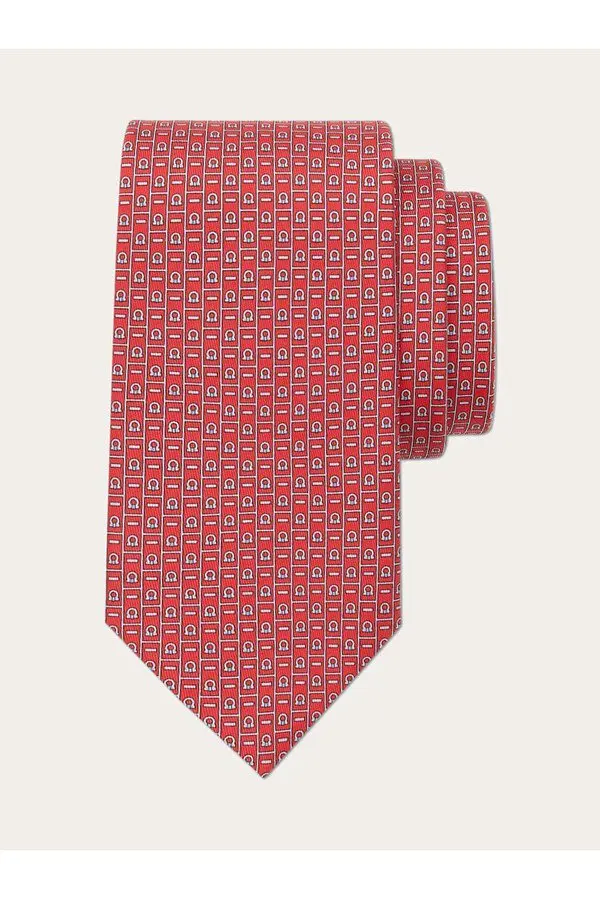 FERRAGAMO Gancini Monogram Print Silk Tie - Red