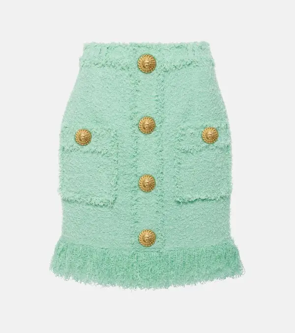 Balmain Fringed Tweed Miniskirt - Green