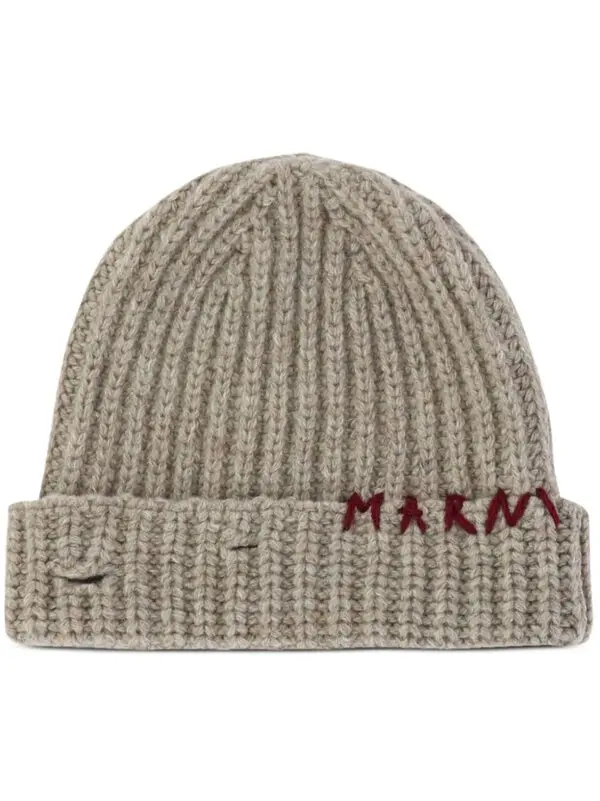 Marni Logo-embroidered Ribbed-knit Beanie - Neutrals