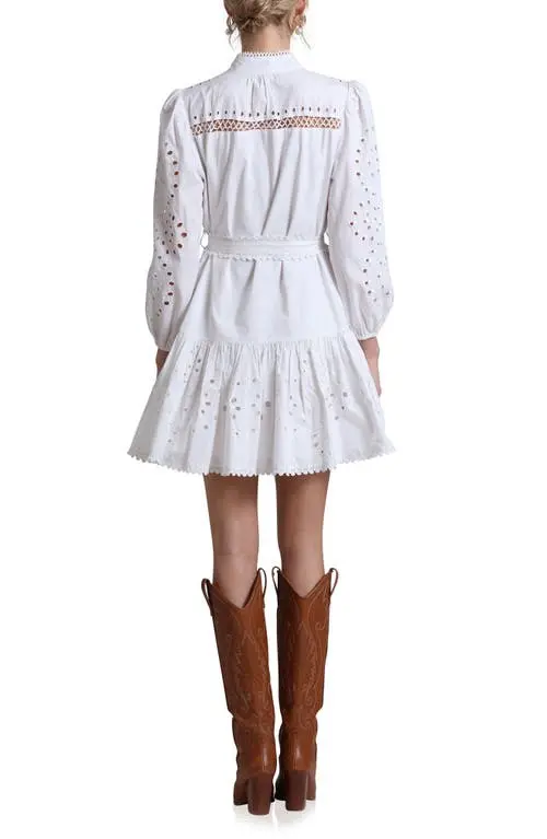 Avec Les Filles Eyelet Tie Belt Long Sleeve Mini Shirtdress