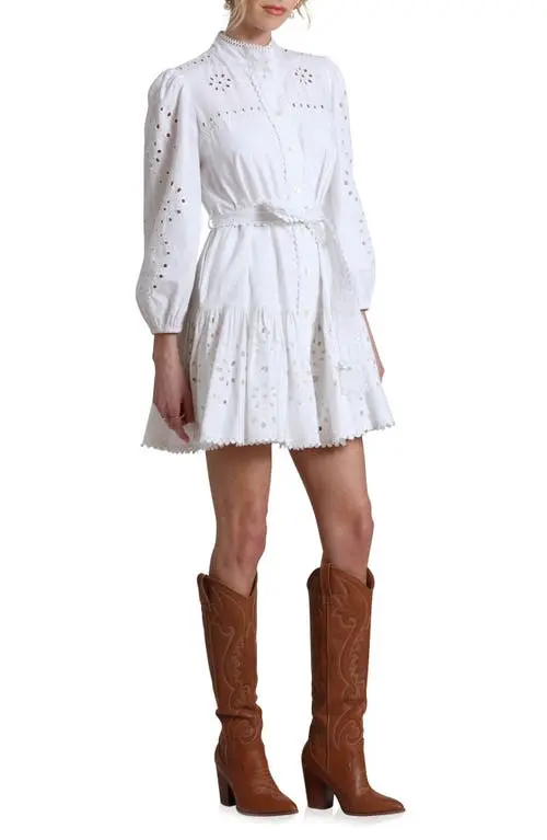 Avec Les Filles Eyelet Tie Belt Long Sleeve Mini Shirtdress