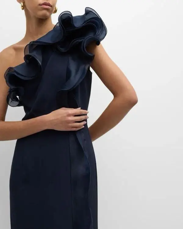 Rickie Freeman For Teri Jon One-shoulder Ruffle Gown - Navy