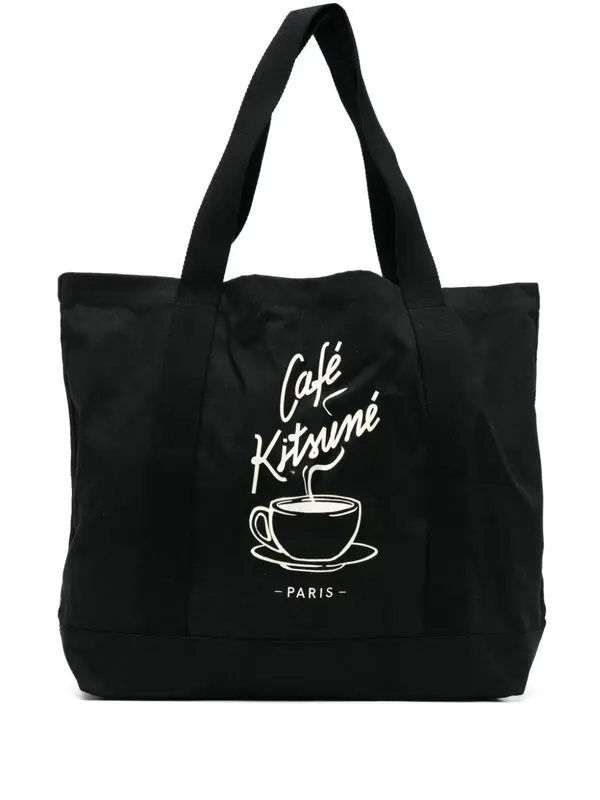 CAFÉ KITSUNÉ Graphic-print Canvas Tote Bag - Black