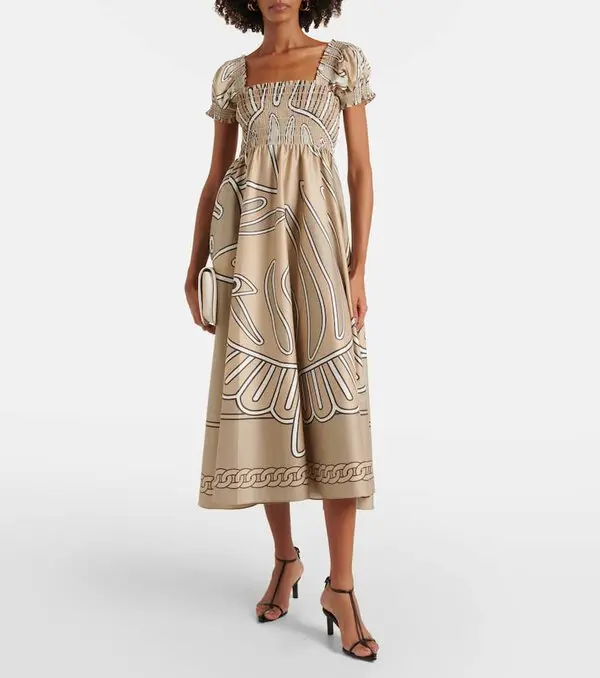 knee length dresses for ladies Tory Burch Smocked Maxi Dress Light Pink Poppies Print Cotton Size Sma –  Celebrity Owned main image 1