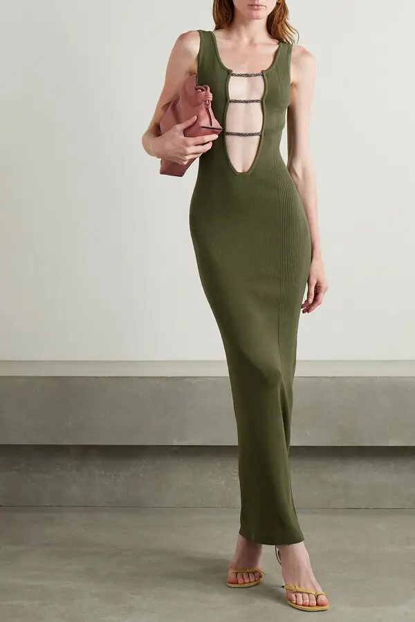 Christopher Esber Crystal-Embellished Stretch-Knit Maxi Dress In Army Green  - 80% Off | Editorialist