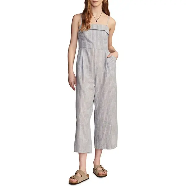 Lucky Brand Stripe Cotton And Linen Jumpsuit - Blue Jewel Stripe