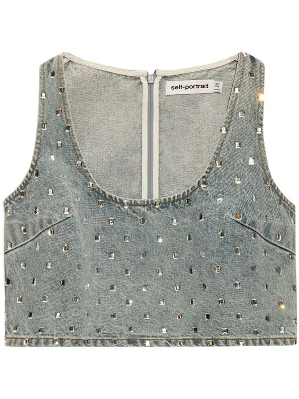 SELF-PORTRAIT Rhinestone-embellished Denim Top
