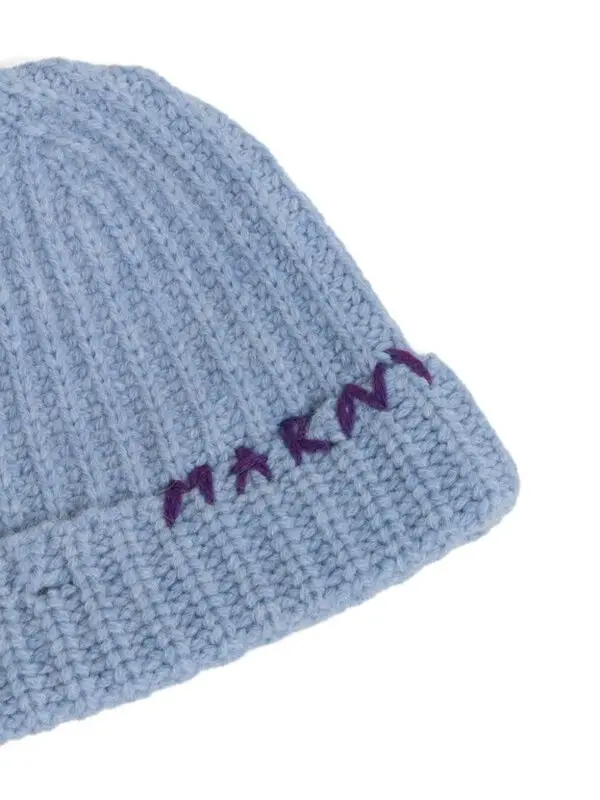 Marni Shetland Wool Beanie With Embroidered Logo - Blue