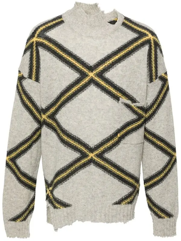 Marni Diamond-check Distressed Jumper - Grey