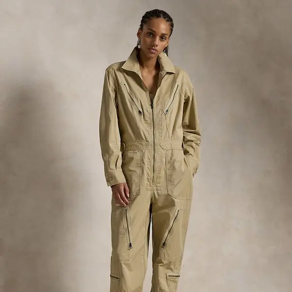 Ralph Lauren Cotton Twill Zip-Front Jumpsuit In Tan - 50% Off 