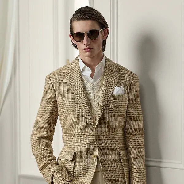 Ralph Lauren Kent Hand-tailored Glen Plaid Jacket - Tan/cream