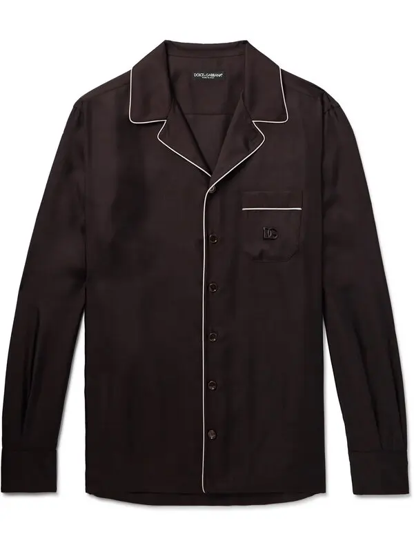 Dolce & Gabbana Camp-collar Logo-embroidered Silk-twill Pyjama Shirt - Brown
