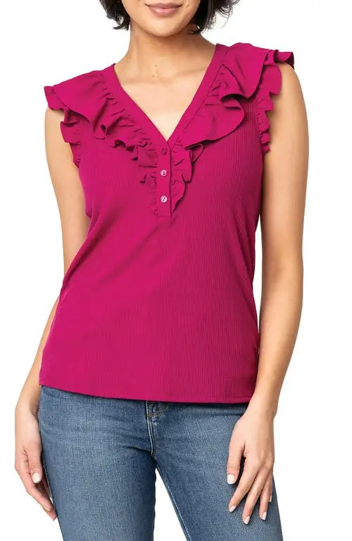 GIBSONLOOK Ruffle Trim Mixed Media Top - Magenta