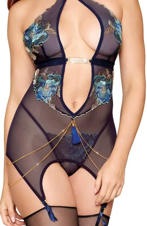 DREAMGIRL Floral Embroidered Basque & G-string Set