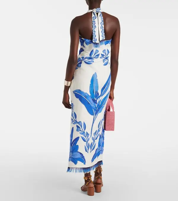 farm rio printed halterneck maxi dress Embellished printed shirred tiered georgette halterneck midi dress - brown