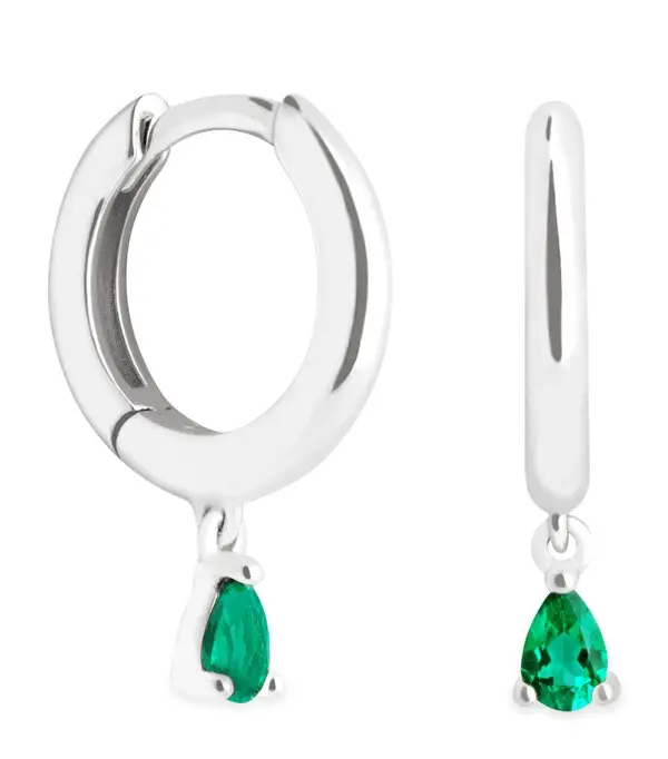 ASTRID & MIYU White Gold And Emerald Pear Huggie Hoop Earrings - Silver