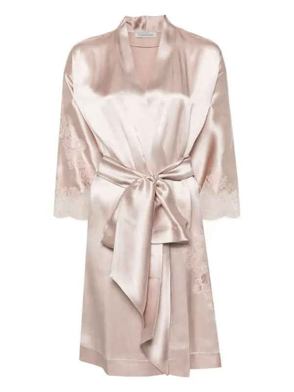 Carine Gilson Calais-caudry Lace-trim Silk Robe - Pink