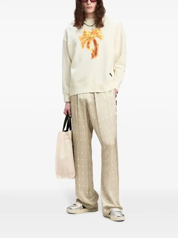 Palm Angels Burning Palm Cotton Sweatshirt - Neutrals