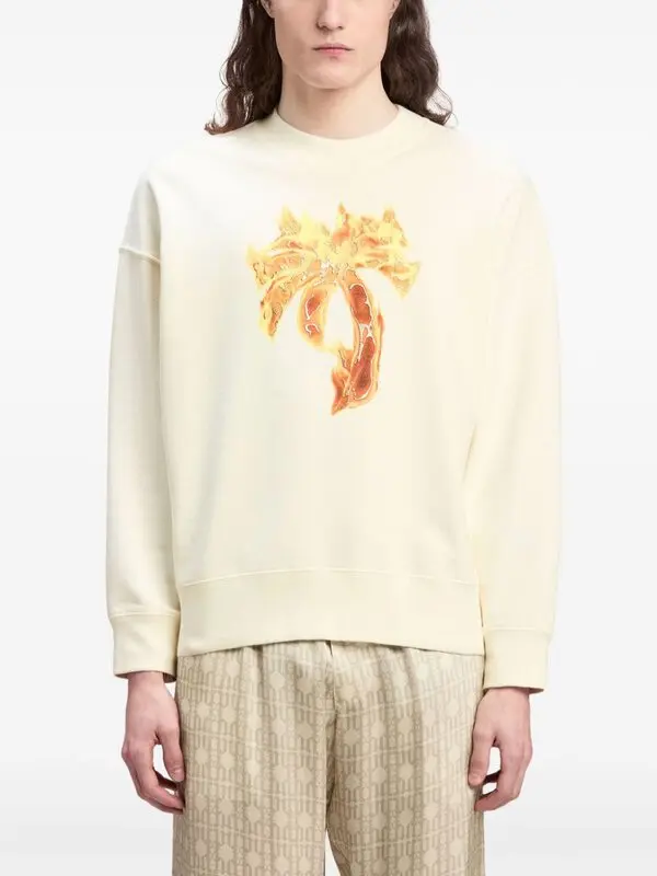 Palm Angels Burning Palm Cotton Sweatshirt - Neutrals