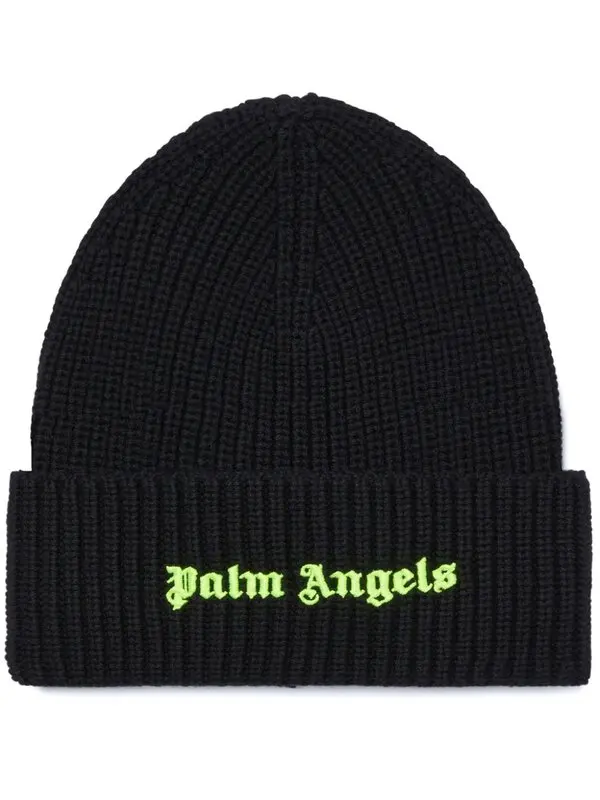 Palm Angels Logo-embroidered Ribbed Beanie - Black