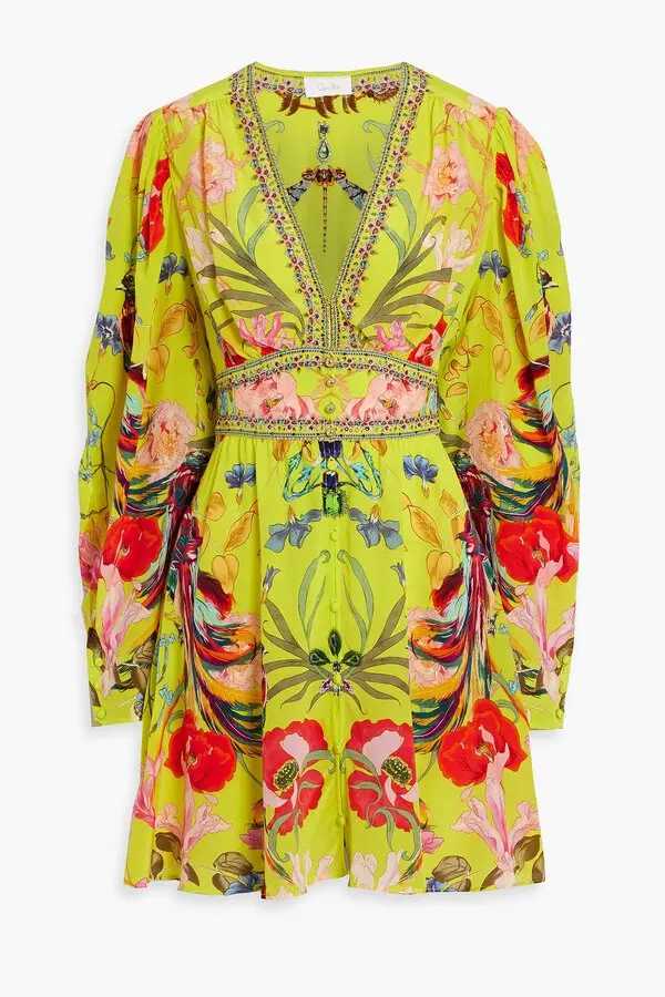 Camilla Crystal-embellished Printed Silk-crepe Mini Dress - Yellow