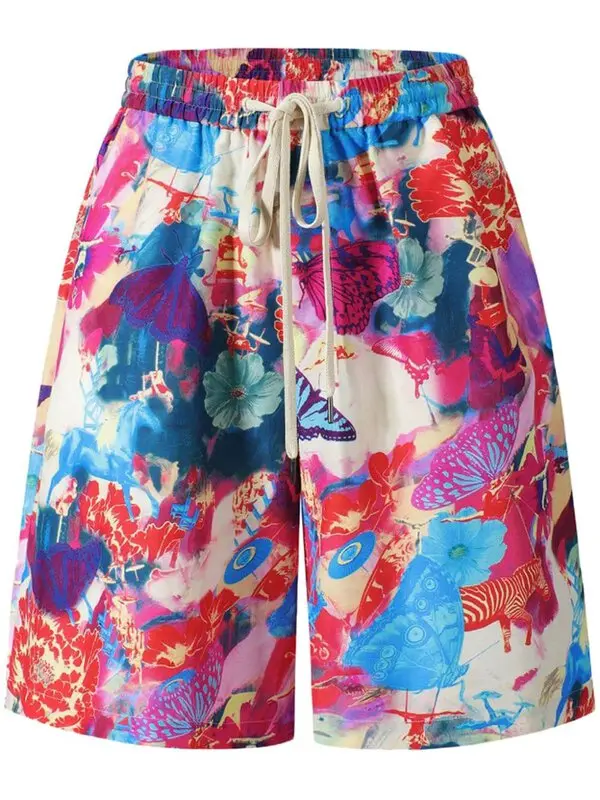 Shanghai Tang X Jacky Tsai Graphic-print Silk Blend Track Shorts - Blue