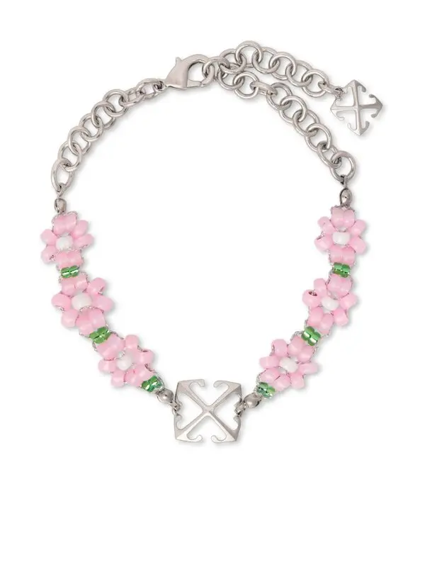 Off-White Flower-bead Arrow Bracelet - Pink