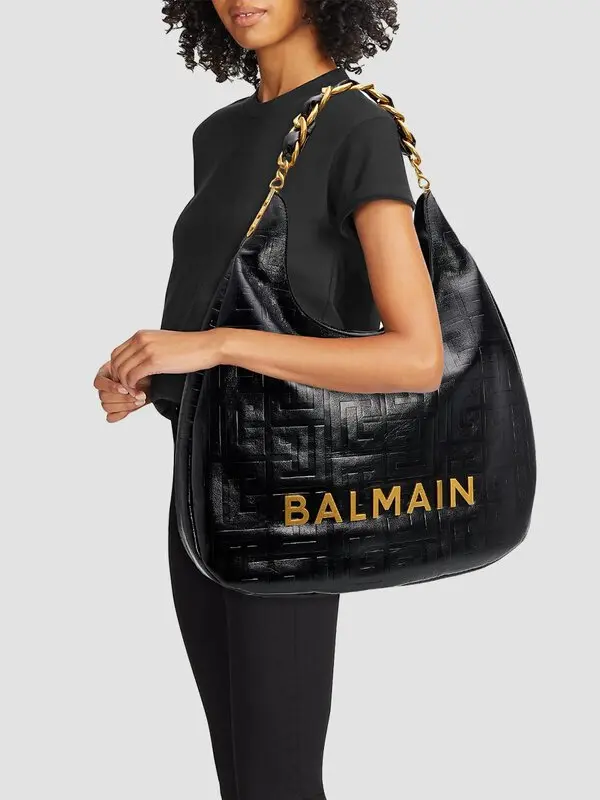 Balmain 1945 Soft Cabas Embossed Leather Hobo Bag - Noir