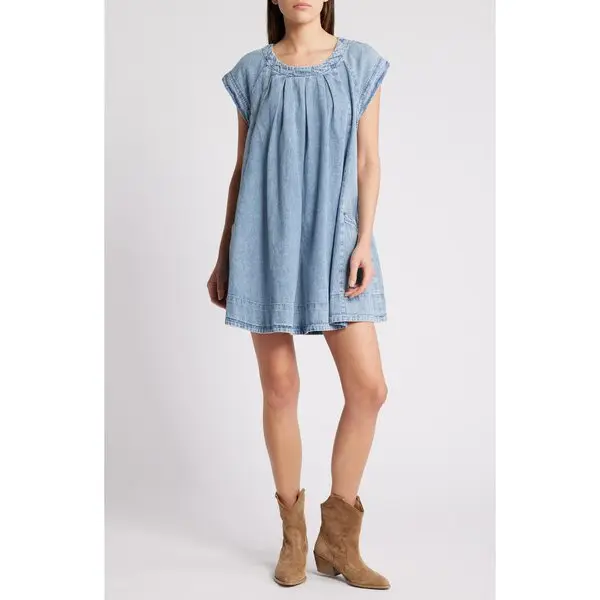 Free People Marcel Pleated Denim Mini Shift Dress