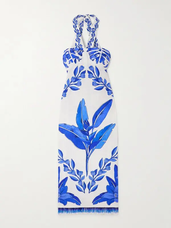 farm rio blue yard linen halter dress Bead-Embellished Floral-Print Halterneck Maxi In - 50% Off Style:ES0106BBK SC Royal Blue Plus Round Anthropologie enriched with refined floral