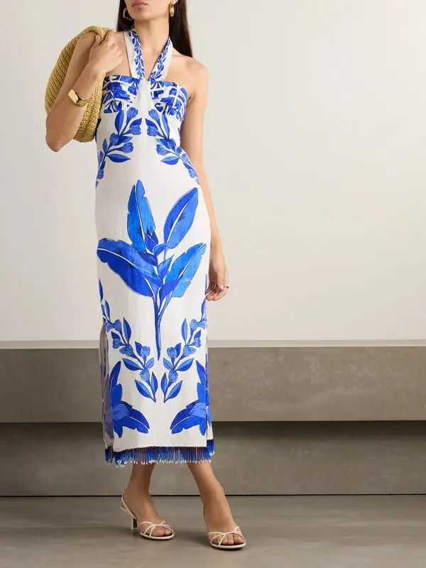 Farm Rio Bead-Embellished Floral-Print Linen Halterneck Maxi Dress In Blue  - 50% Off | Editorialist