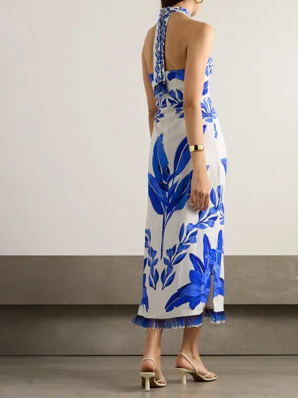 Farm Rio Bead-Embellished Floral-Print Linen Halterneck Maxi Dress In Blue  - 50% Off | Editorialist