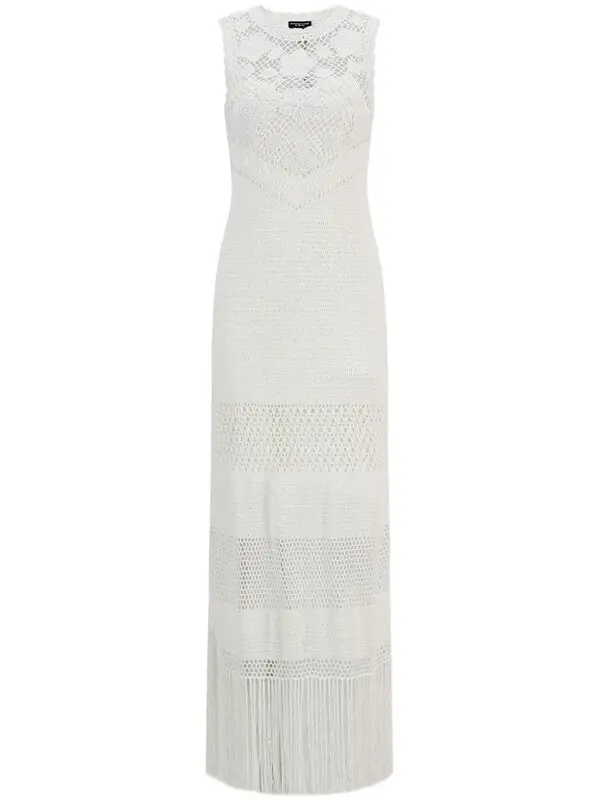 Shanghai Tang Crochet Fringed Maxi Dress - Neutrals