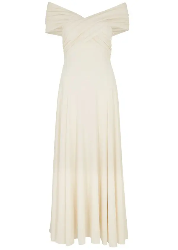 white christmas dresses Astr The Label | Monroe Satin Off Shoulder Maxi Dress in Ivory
