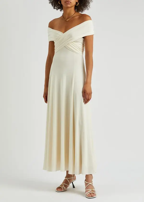 khaite off shoulder dress KHAITE - Rebecca off-the-shoulder stretch-knit maxi dress