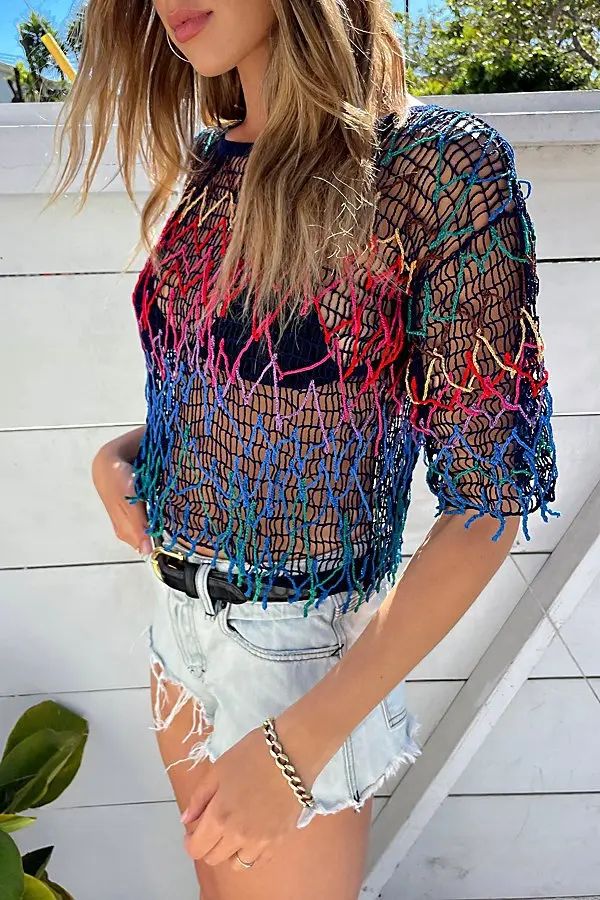 MADLY VINTAGE Rainbow Crochet Fringe Top