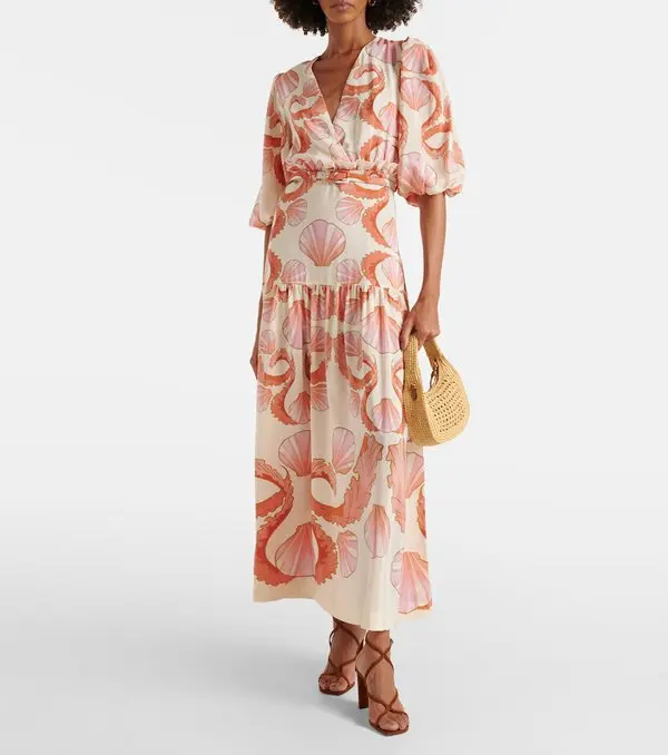ADRIANA DEGREAS Seashell-print Silk Maxi Dress