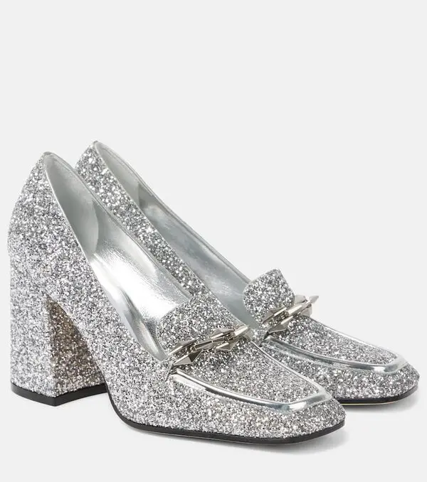 JIMMY CHOO Diamond Tilda 85 Glitter Loafer Pumps - Silver