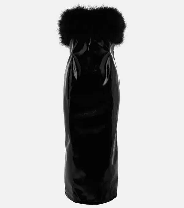 Blumarine Faux Leather Feather-trimmed Midi Dress - Black
