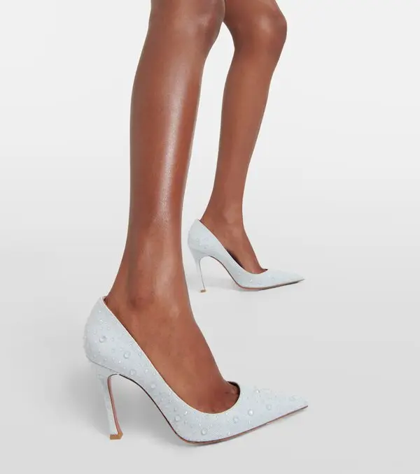 Amina Muaddi Elsa 105 Embellished Denim Pumps