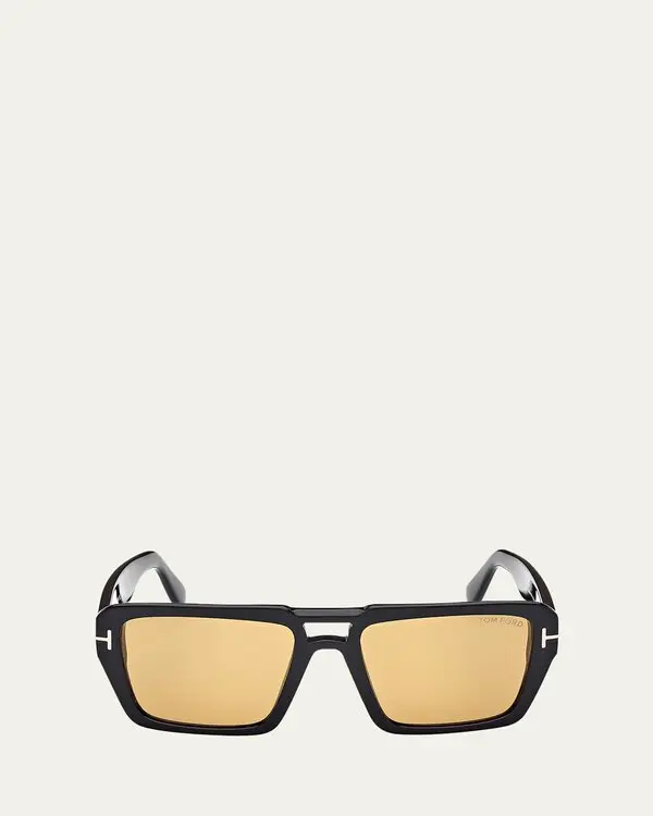 TOM FORD Redford Rectangle Sunglasses - Shiny Black Amber