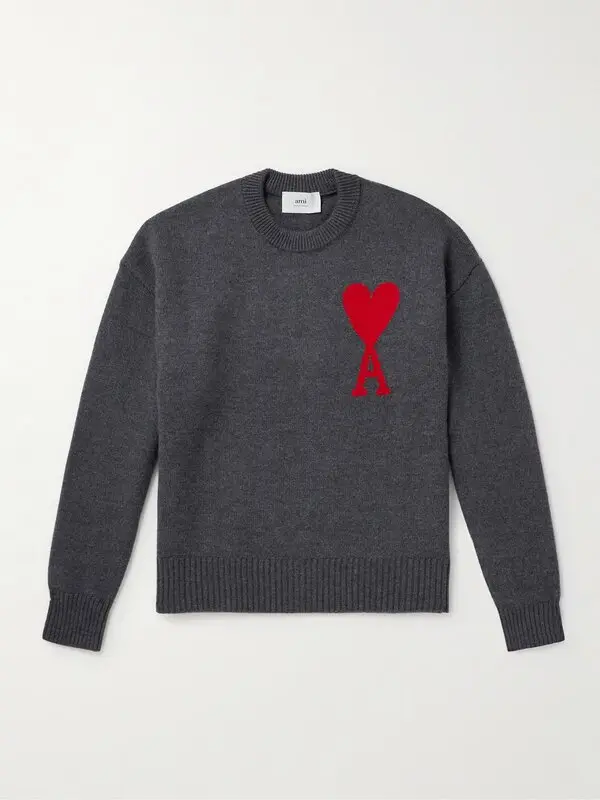 AMI Paris Logo-intarsia Virgin Wool Sweater - Gray
