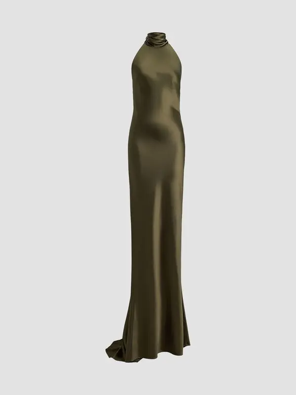 Ralph Lauren Chilton Satin Halter Gown - Cypress