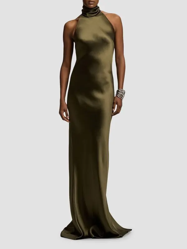 Ralph Lauren Chilton Satin Halter Gown - Cypress