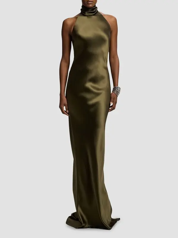 Ralph Lauren Chilton Satin Halter Gown - Cypress