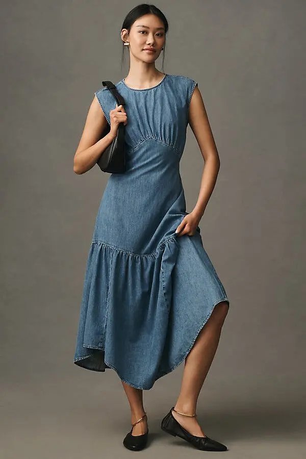 Frame Gathered Tiered Midi Dress In Blue - 40% Off | Editorialist
