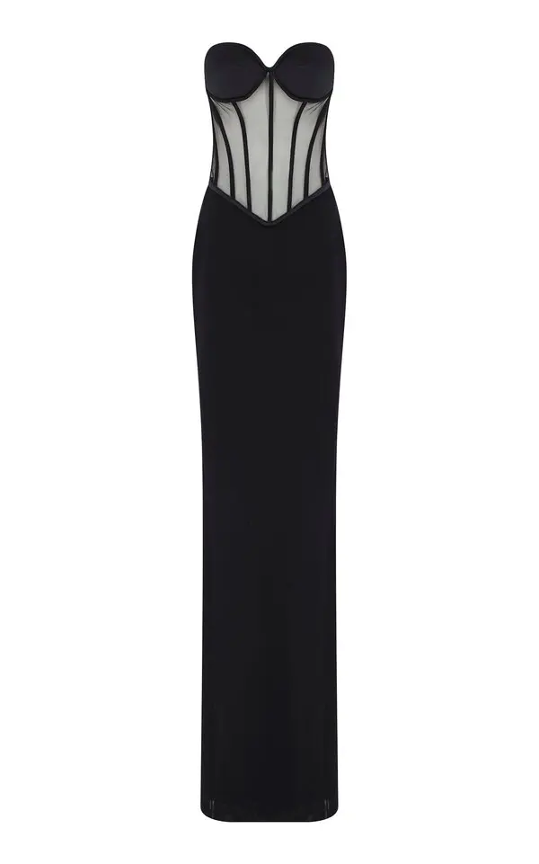 THE NEW ARRIVALS ILKYAZ OZEL Mesh-detailed Corseted Maxi Dress - Black