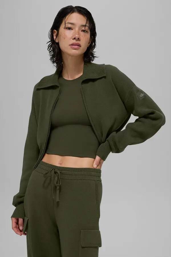 Alo Yoga Scholar Knit Cropped Full Zip Jacket - Green Olive
