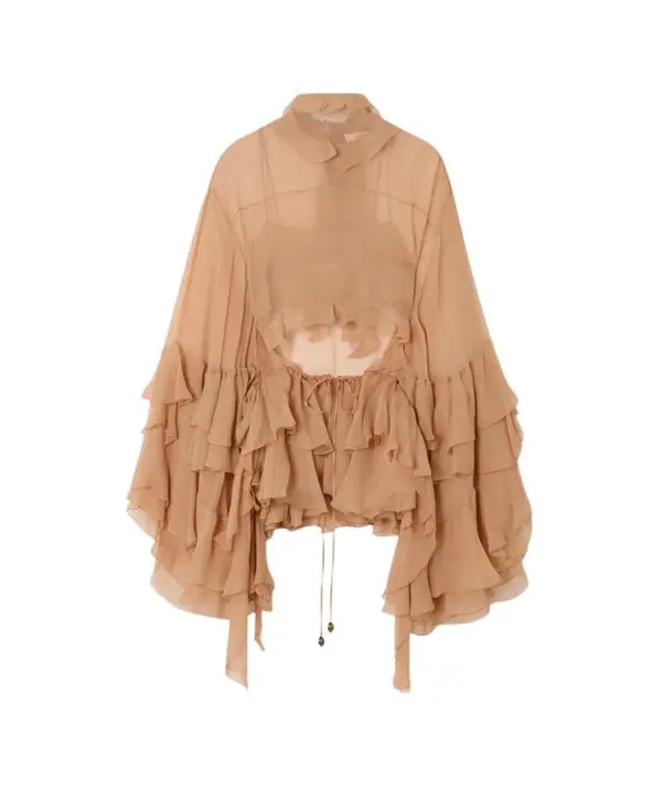 Chloé Cutout Ruffled Silk-crepon Turtleneck Blouse