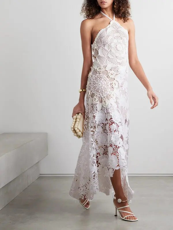 Oscar De La Renta Asymmetric Crochet And Guipure Lace Halterneck Dress In  White - 50% Off | Editorialist
